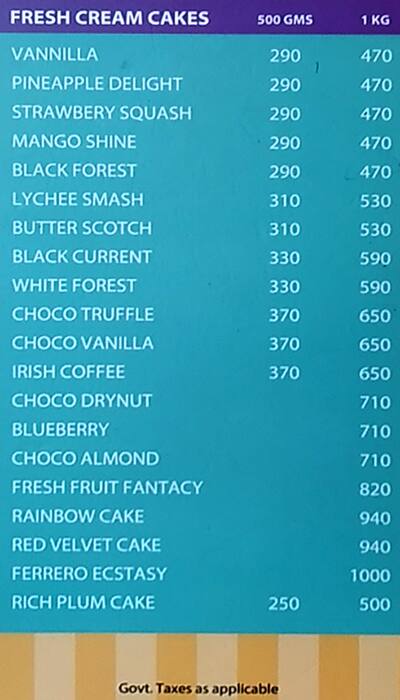 Menu of Go Cakes, Chromepet, Chennai