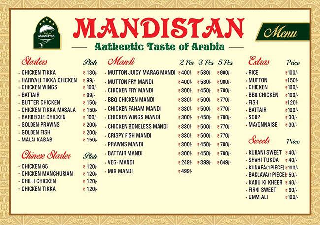 Menu of Mandistan, Tolichowki, Hyderabad