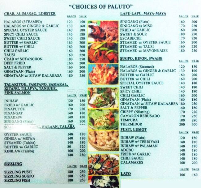 Menu at Aling Tonya's restaurant, Pasay, Seaside Blvd.