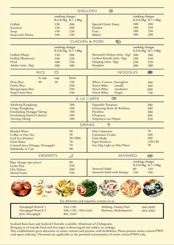 Menu at Aling Tonya's Seafood Palutuan restaurant, Pasay, GXVP+WG3