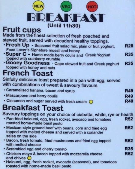 Menu at Food Lover's Market cafe, Sandton