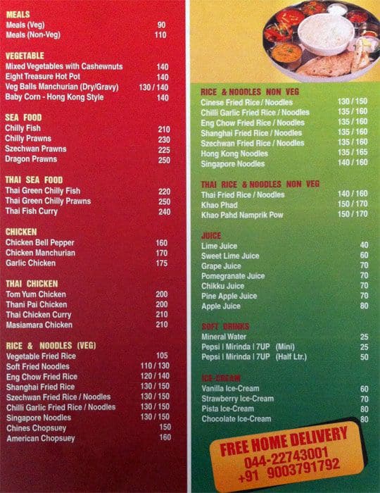 Menu at Kanchi's Anjappan, Chennai