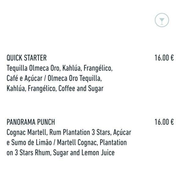 Menu at Panorama Bar Sheraton, Lisbon
