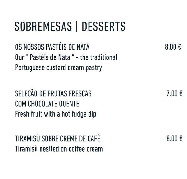 Menu at Panorama Bar Sheraton, Lisbon