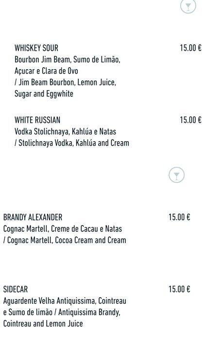 Menu at Panorama Bar Sheraton, Lisbon