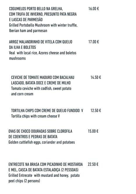 Menu at Panorama Bar Sheraton, Lisbon