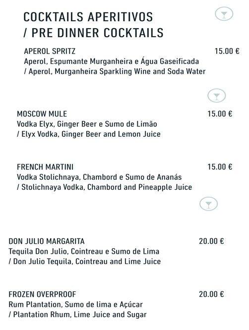 Menu at Panorama Bar Sheraton, Lisbon