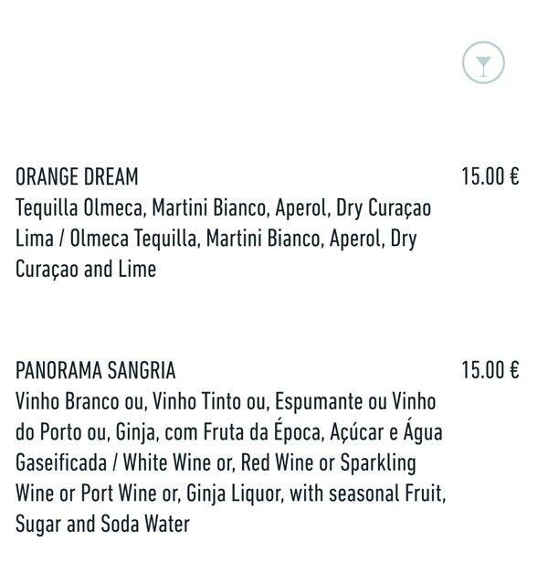 Menu at Panorama Bar Sheraton, Lisbon