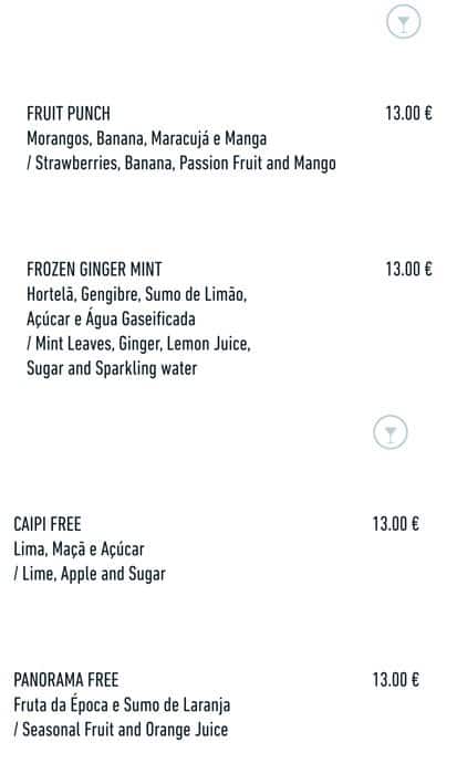 Menu at Panorama Bar Sheraton, Lisbon