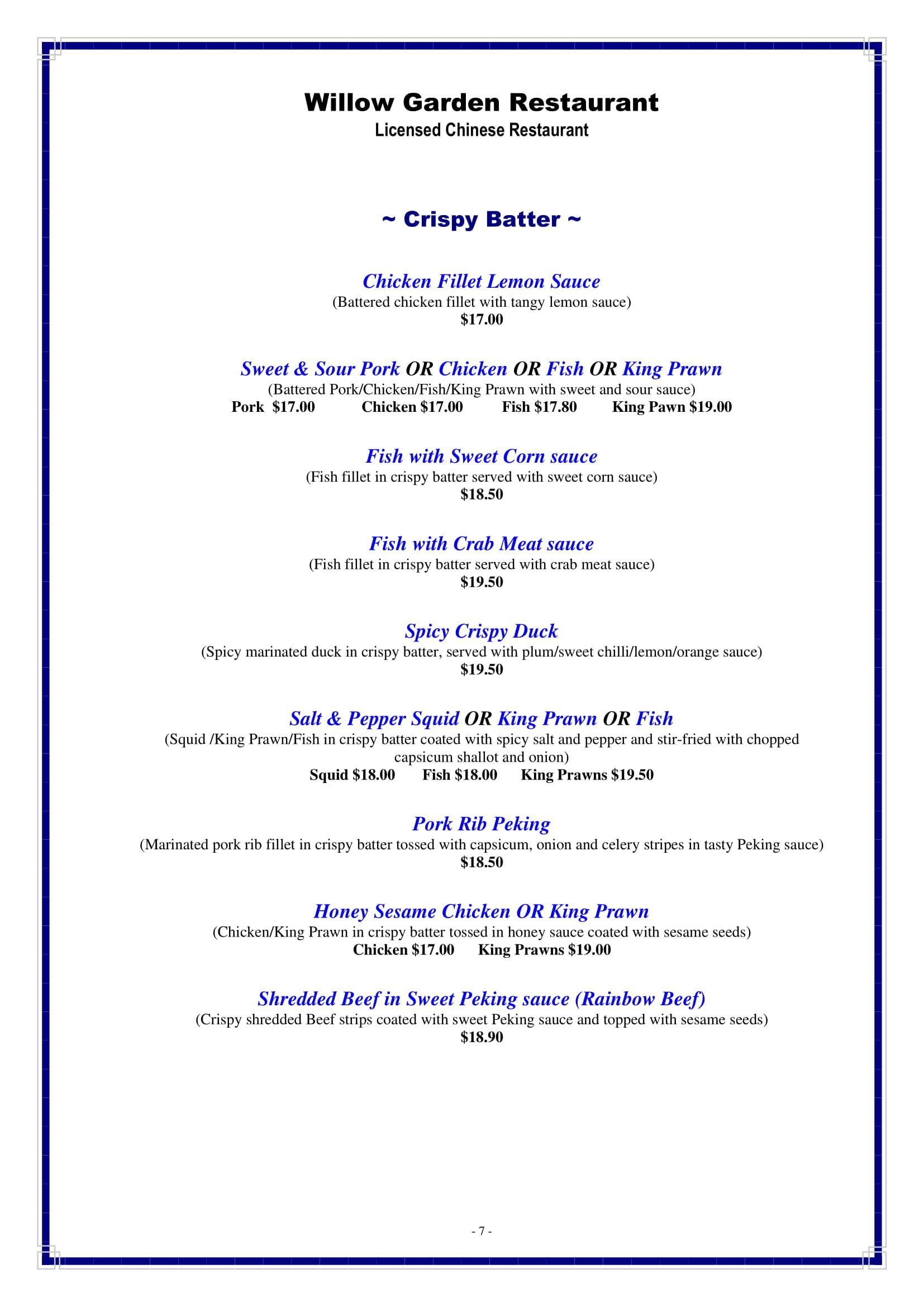 Willow Garden Chinese Restaurant Menu | Fasci Garden