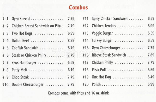 Menu at Zeus Restaurant, Chicago