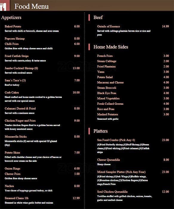 Menu at Essence Bar and Grill, New York City, Atlantic Ave