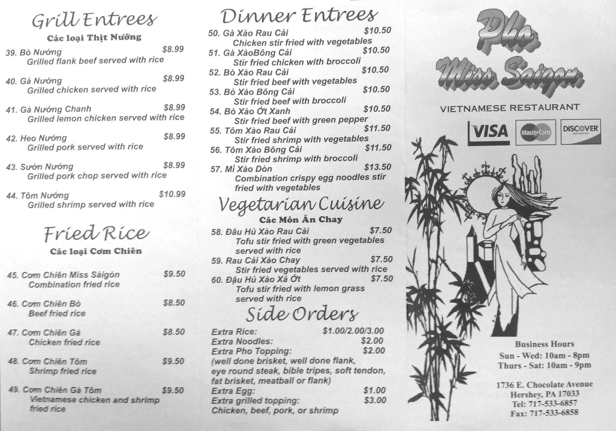 Menu at Pho Miss Saigon restaurant, Hershey