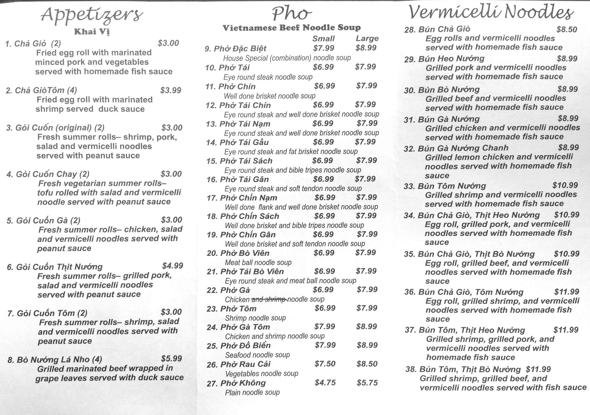 Menu at Pho Miss Saigon restaurant, Hershey
