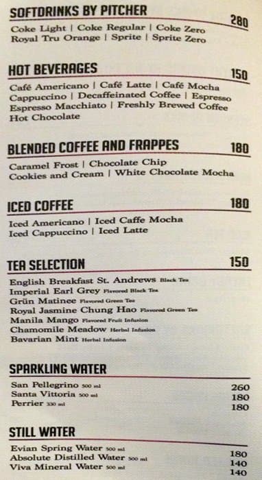 Menu at Lobby Lounge, Cebu City, Nivel Hills