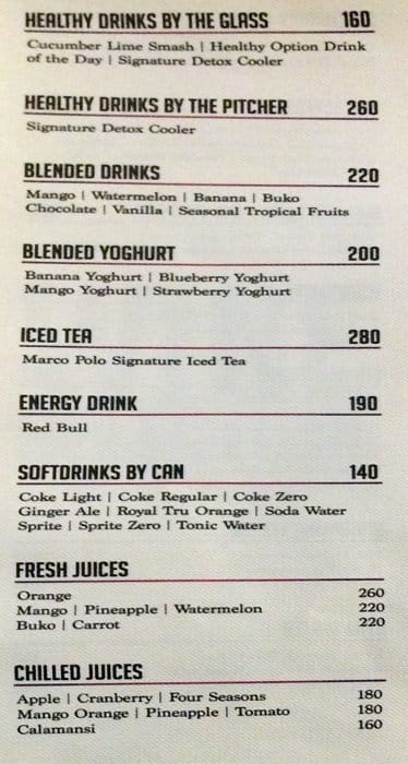 Menu at Lobby Lounge, Cebu City, Nivel Hills