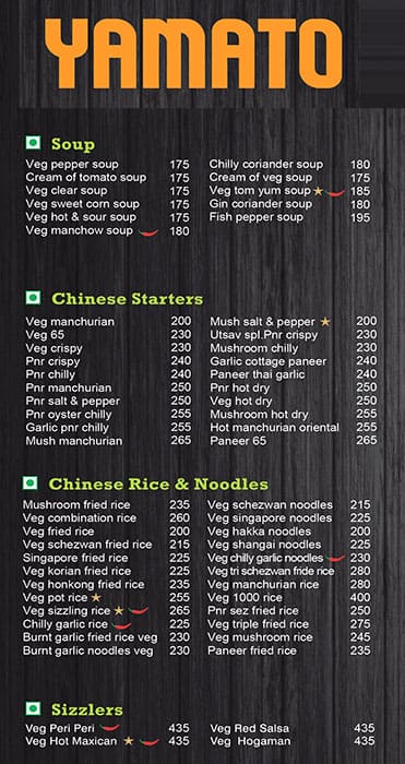 Menu at Yamato, Mumbai
