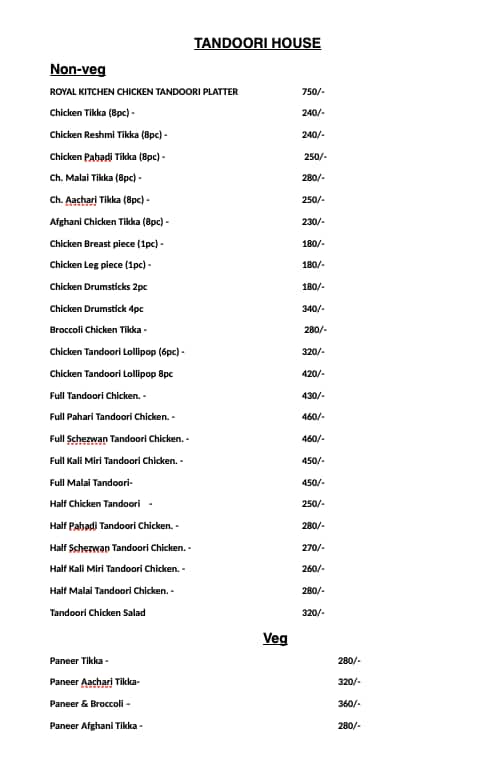Menu of Tandoori House, Vasai, Mumbai
