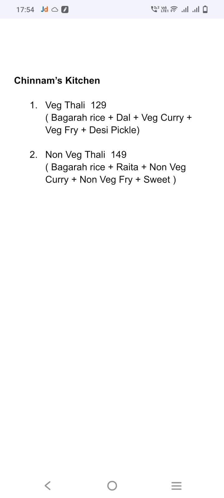 Menu of Chinnam's Kitchen, Miyapur, Hyderabad