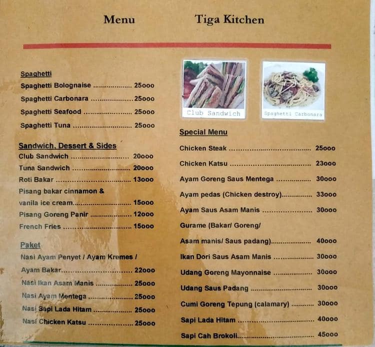 Menu at Tiga Kitchen cafe, Jakarta