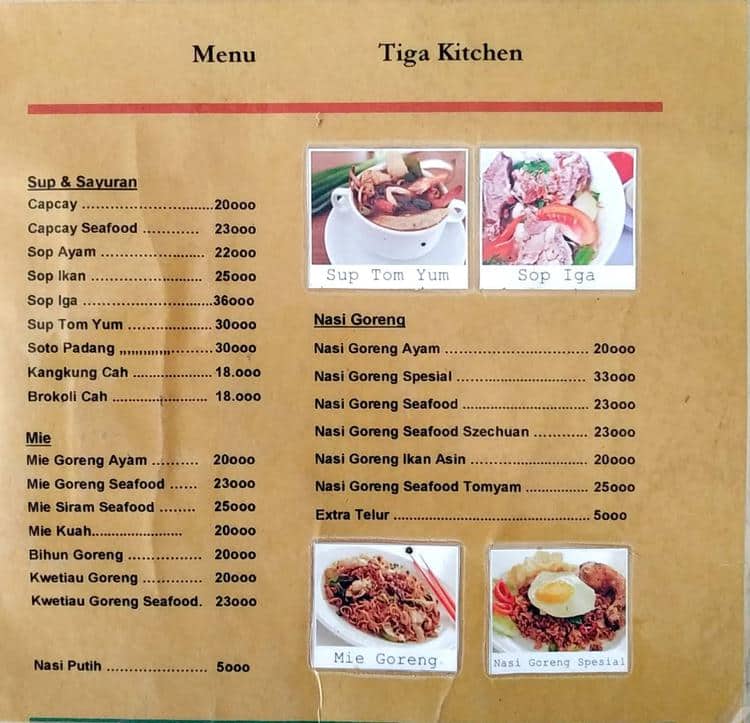 Menu at Tiga Kitchen cafe, Jakarta