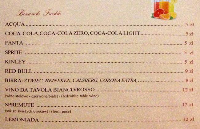 Menu at Specialita Italiane cafe, Warsaw