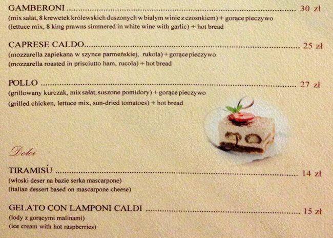 Menu at Specialita Italiane cafe, Warsaw