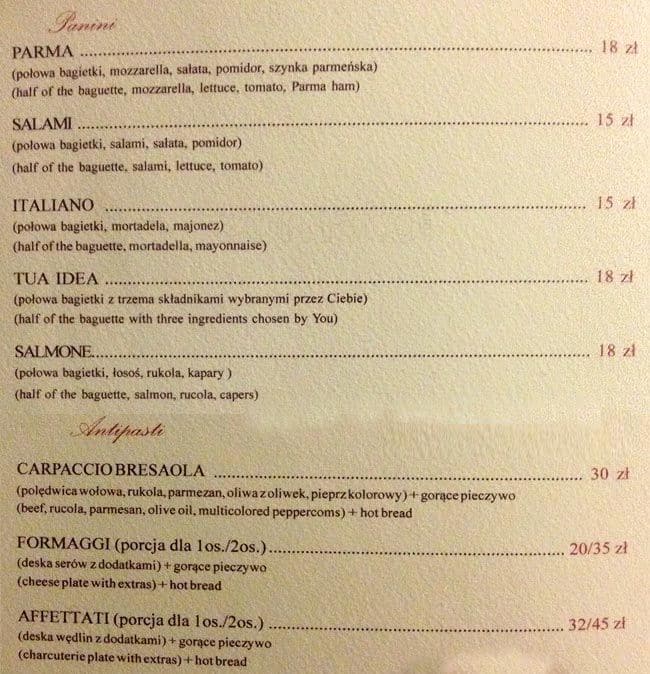 Menu at Specialita Italiane cafe, Warsaw
