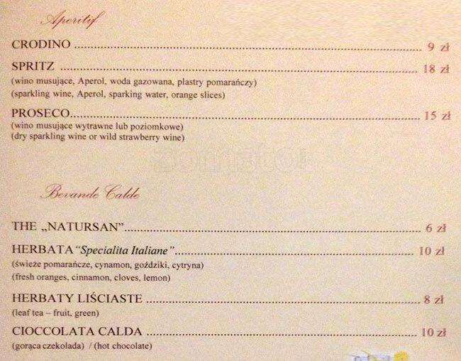 Menu at Specialita Italiane cafe, Warsaw