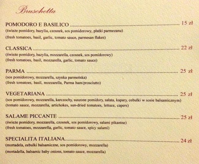 Menu at Specialita Italiane cafe, Warsaw