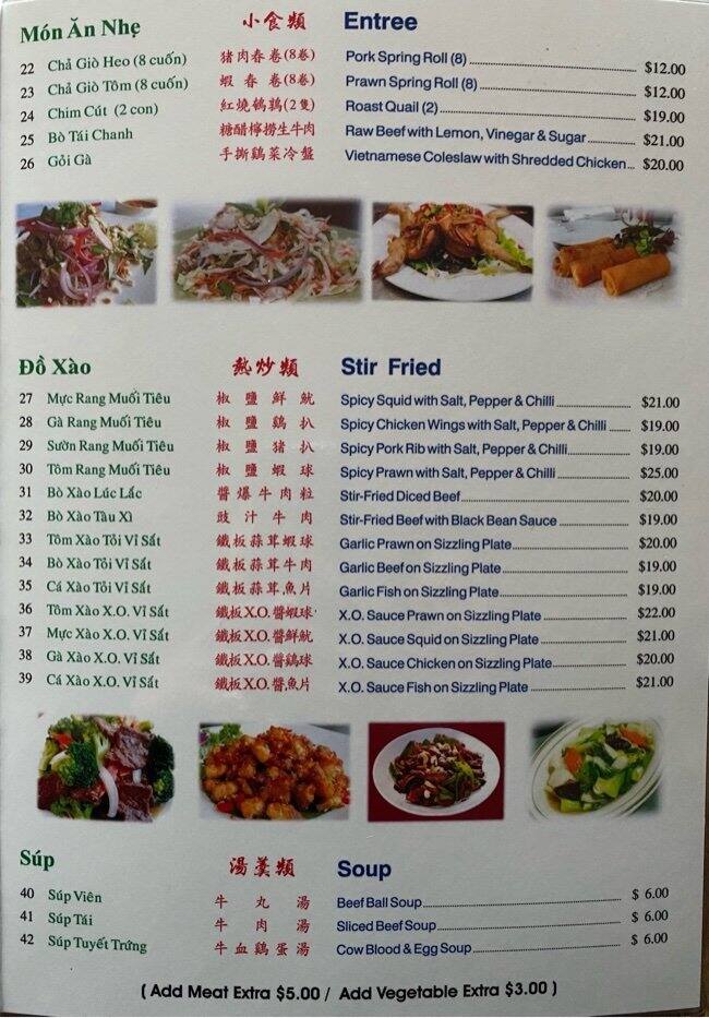 Menu at Pho Chu Le restaurant, Springvale