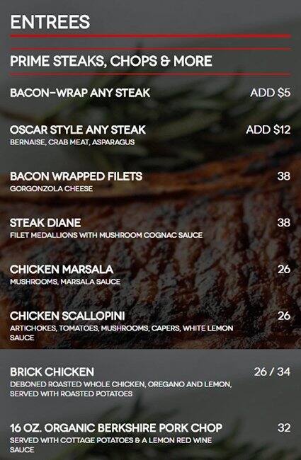 Menu at Chicago Prime Steakhouse, Schaumburg