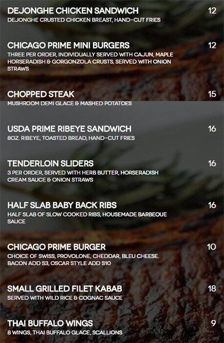 Menu at Chicago Prime Steakhouse, Schaumburg