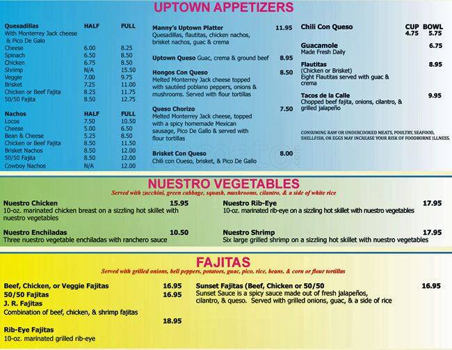 Menu at Manny's Uptown restaurant, Dallas, Oak Grove Ave