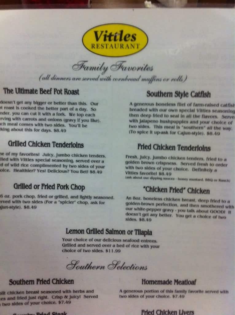 Menu at Vittles of Donelson restaurant, Nashville, Lebanon Pike