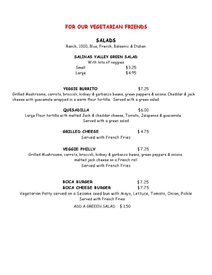 Menu at T & A Cafe, Salinas