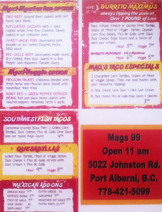 Menu at Mag's 99. Fried Chicken & Mexican Cantina restaurant, Port Alberni