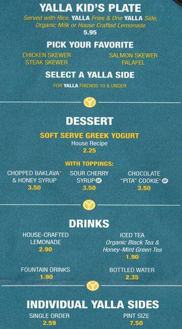 Menu at Yalla Mediterranean restaurant, Walnut Creek, Ygnacio Valley Rd