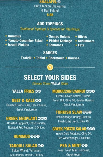 Menu at Yalla Mediterranean restaurant, Walnut Creek, Ygnacio Valley Rd