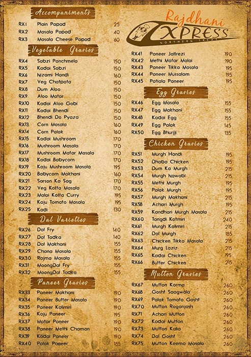 Menu of Rajdhani Xpress, Yousufguda, Hyderabad