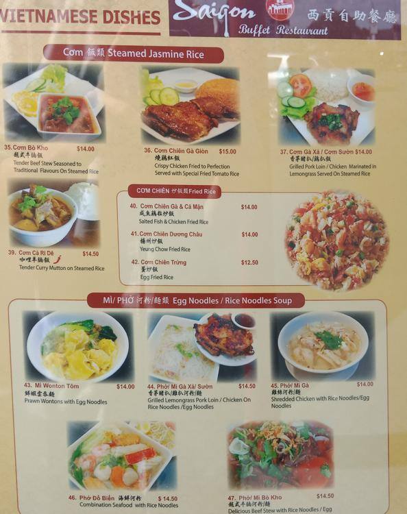 Menu at Saigon Buffet restaurant, Auckland