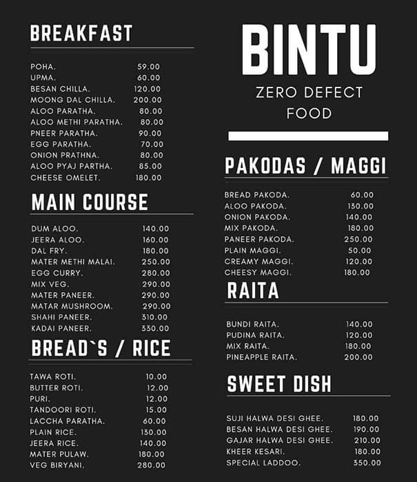 Menu of Bintu, Santacruz West, Mumbai