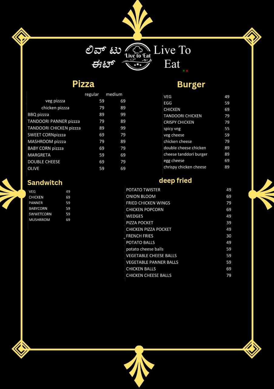 Menu of Live To Eat, Basaveshwara Nagar, Bangalore