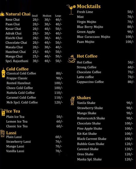 Menu of Maska Chai Bar, Kharar Road, Mohali