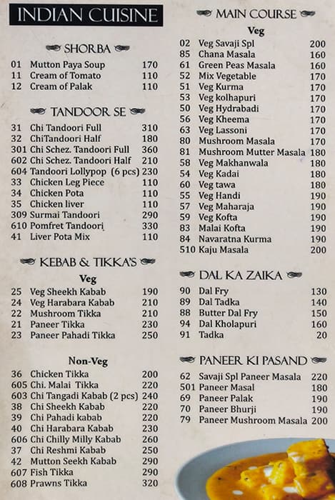 Menu of Hotel Savaji, Bandra East, Mumbai
