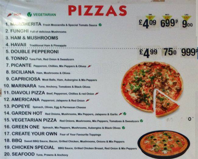 Menu at Pepe's fast food, London, 199 Holloway Rd