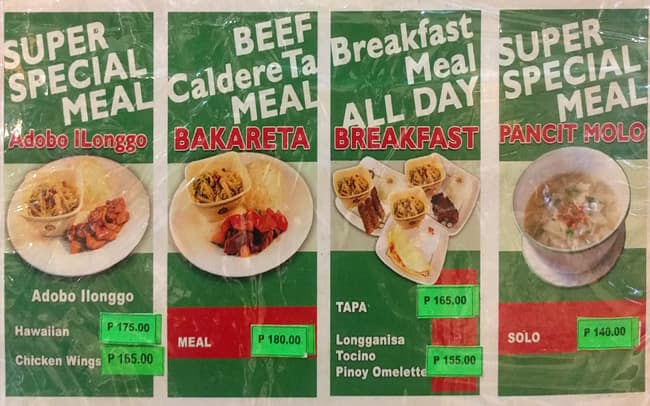 Menu at Ted's Old Timer Lapaz Batchoy restaurant, Makati