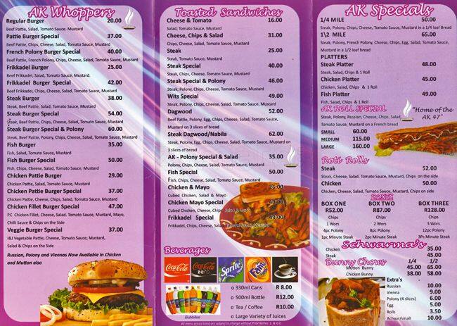 Carta del restaurante Akhalwaya's foods, Johannesburgo, 33 Giles St