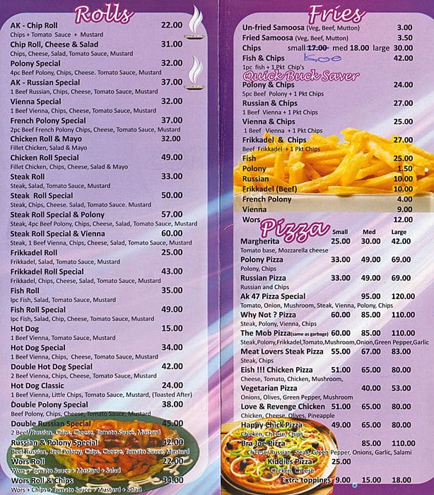 Menu at Akhalwaya's foods, Johannesburg South, 31 Giles