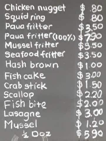 Menu at Sievers Fish & Chips, Wellington